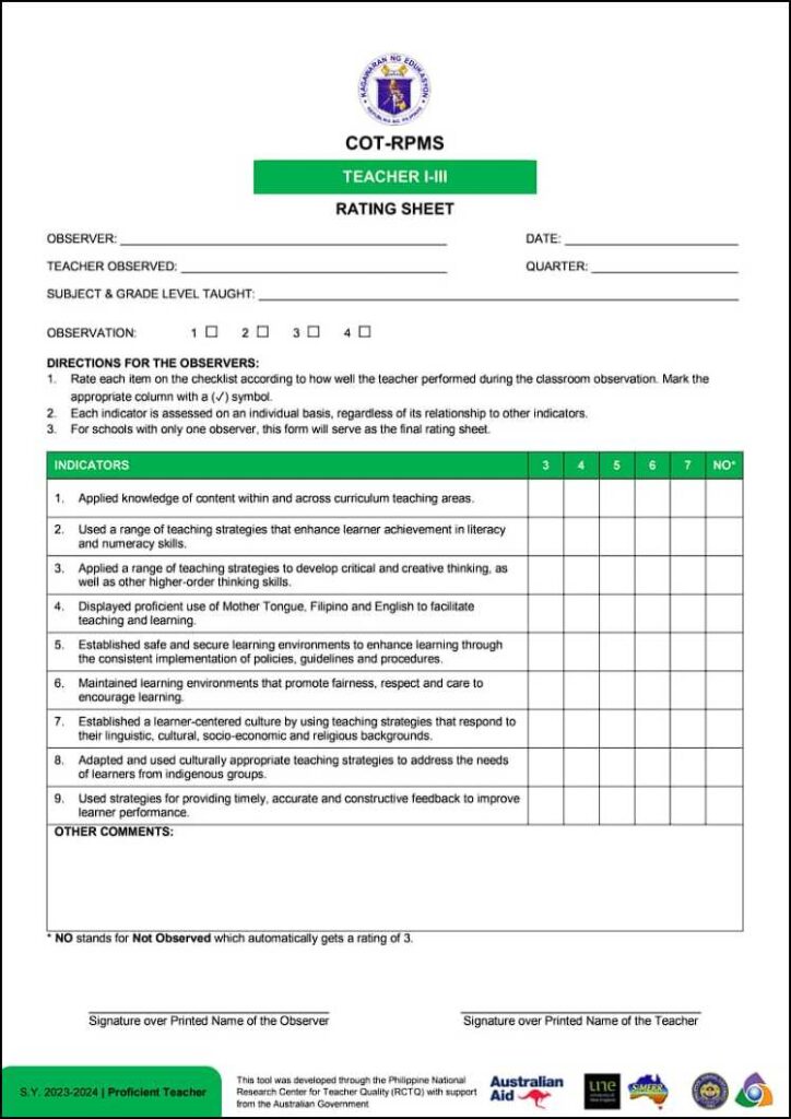 DepEd COT Forms – Classroom Observation Tool | DepEd PH