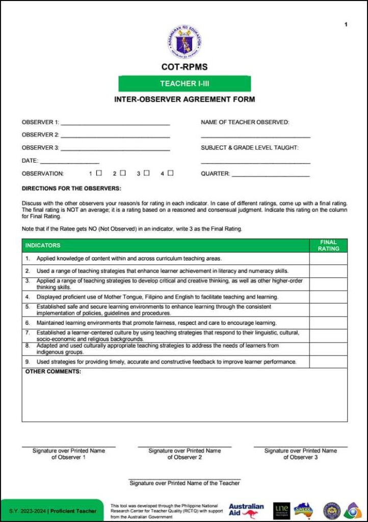 DepEd COT Forms – Classroom Observation Tool | DepEd PH
